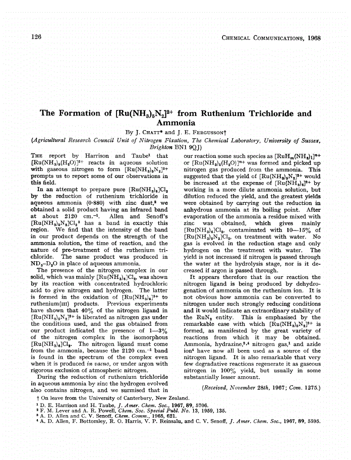 The formation of [Ru(NH3)5N2]2+ from ruthenium trichloride and ammonia ...