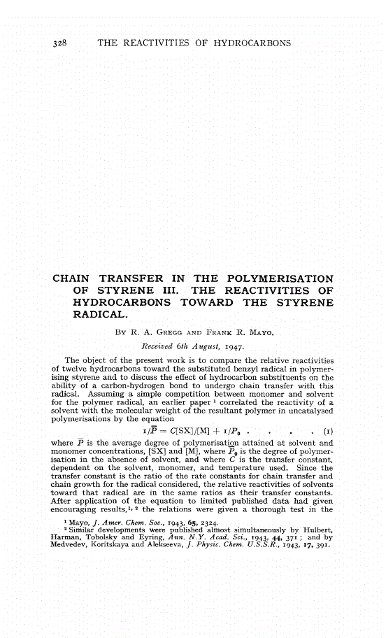 Chain transfer in the polymerisation of styrene iii. The reactivities ...