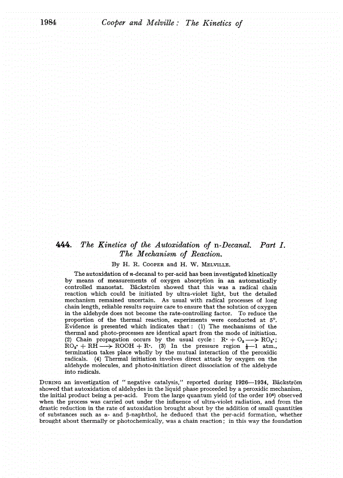444. The kinetics of the autoxidation of n-decanal. Part I. The ...